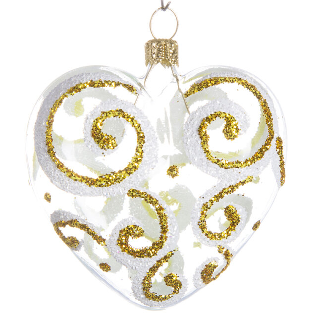Стеклянная елочная игрушка Сердечко Кокетка 6.5 см золотое, подвеска, Фабрика Елочка, С1032-зол