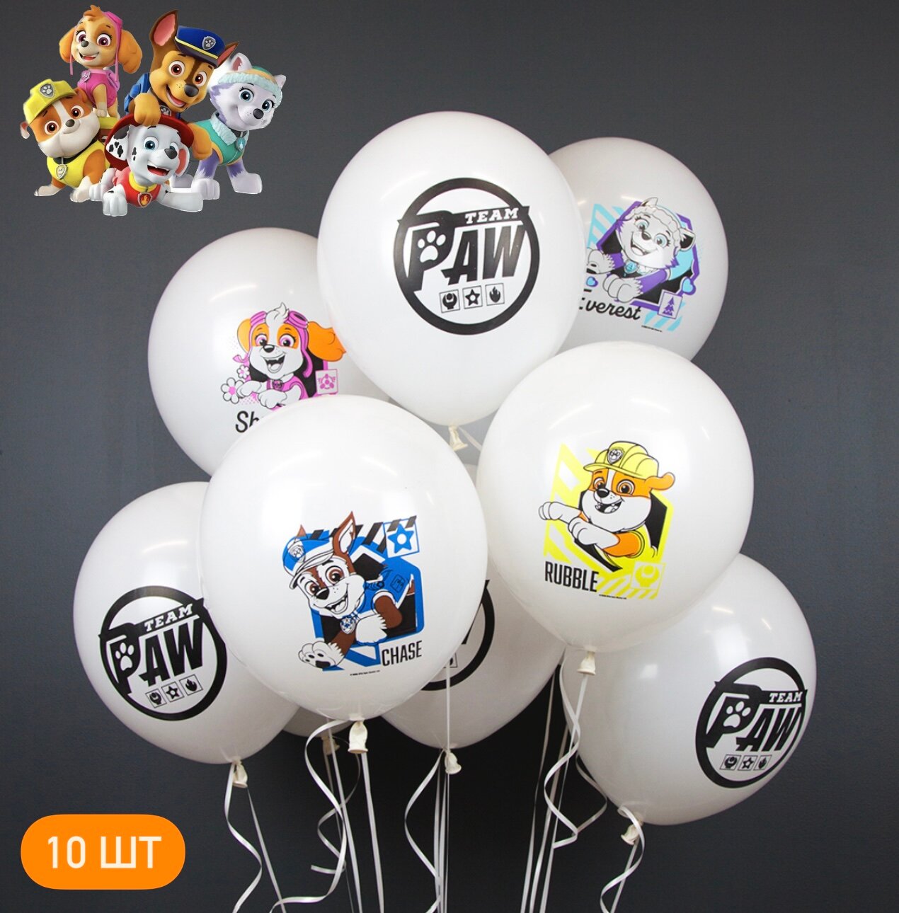 Шары надуты Гелием, Фонтан из шаров латекс пастель Щенячий Патруль 10 шт, рисунок 2 стороны.