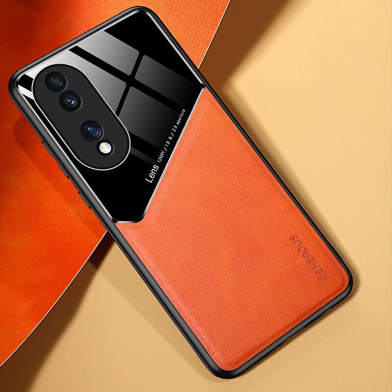 Чехол задняя панель MyPads Generoso для Honor 70 из силикона со вставками из эко-кожи и оргстекла оранжевая
