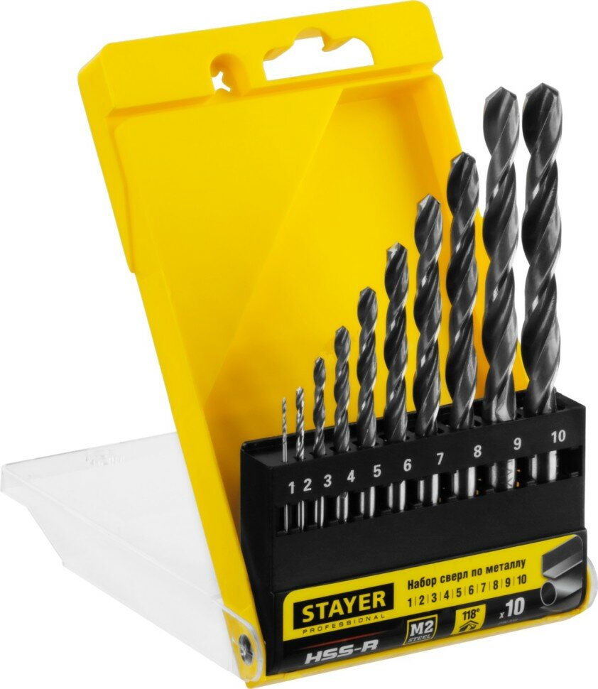 STAYER Набор сверл по металлу 10 шт (d=1-10 мм), HSS-R, сталь М2(S6-5-2), STAYER Professional 29602-H10, DIN 338 ( 29602-H10_z01 )