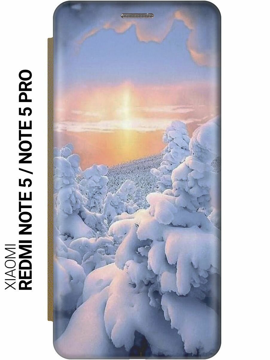 Чехол-книжка на Xiaomi Redmi Note 5, Note 5 Pro, Сяоми Редми Ноут 5, Ноут 5 Про c принтом "Заснеженный лес" золотистый