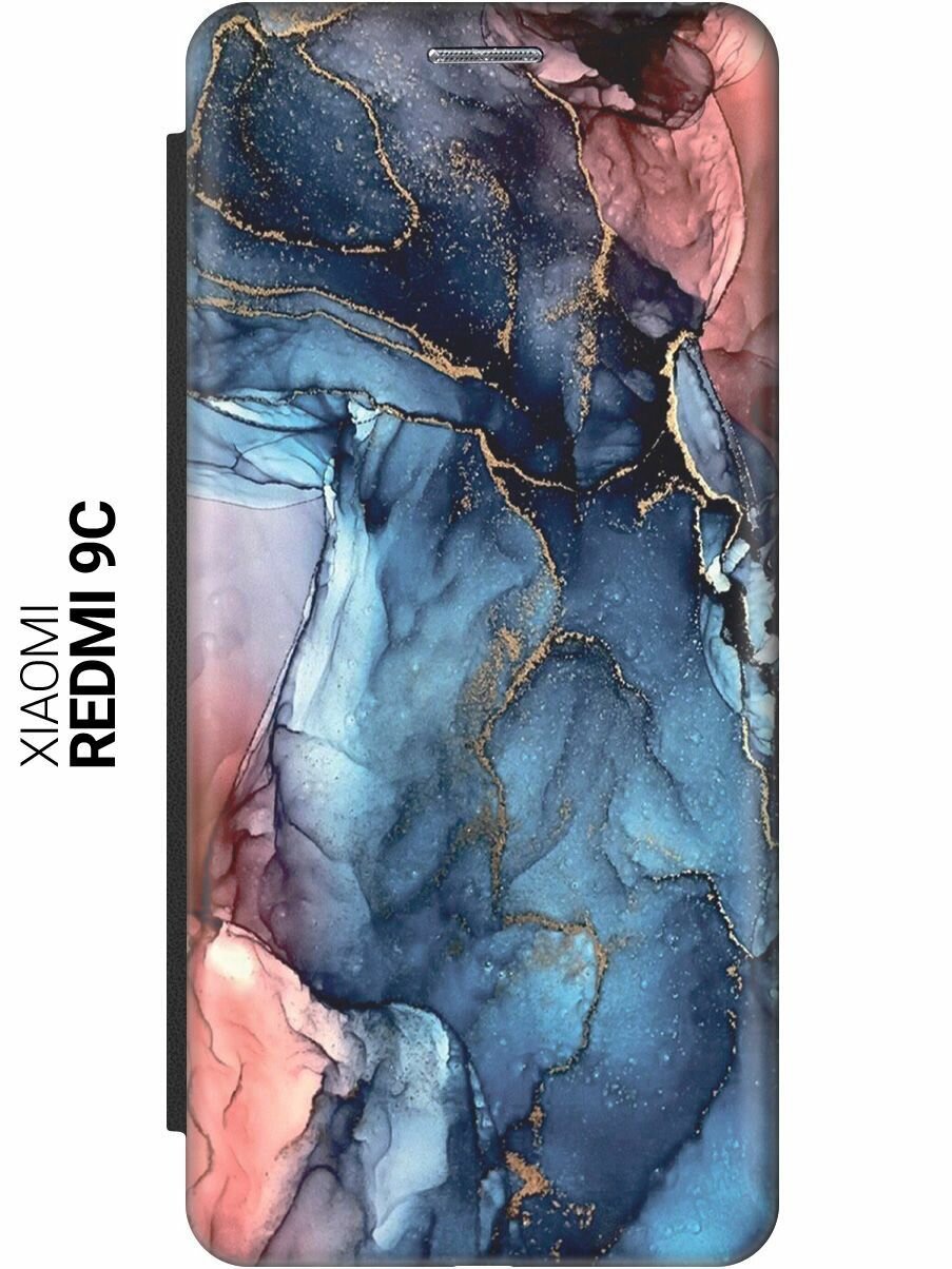Чехол-книжка на Xiaomi Redmi 9C, Сяоми Редми 9С c принтом "Сине-розовый мрамор" черный