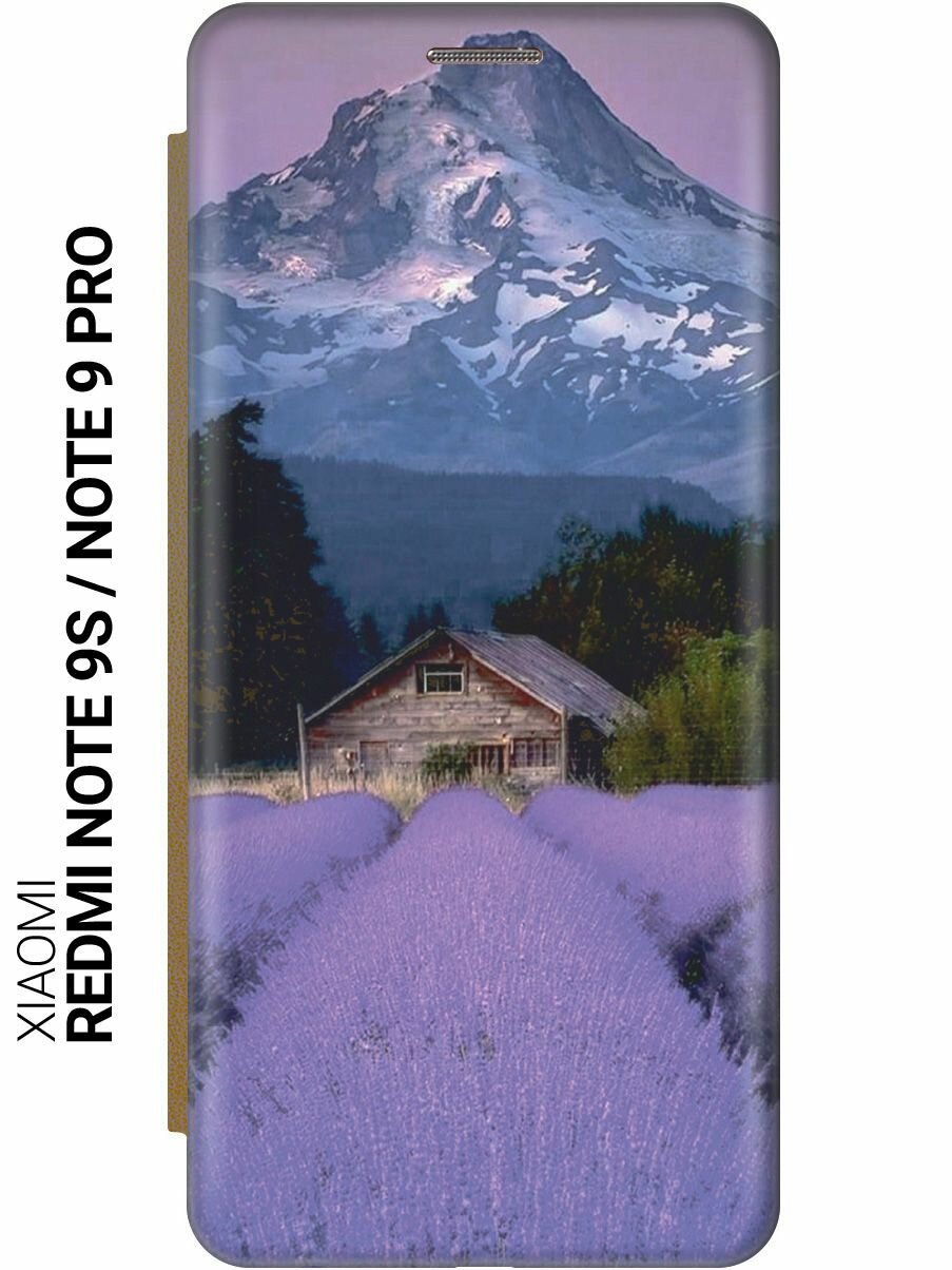 Чехол-книжка на Xiaomi Redmi Note 9s, Note 9 Pro, Сяоми Редми Ноут 9с, Ноут 9 Про c принтом "Лавандовое поле в горах" золотистый