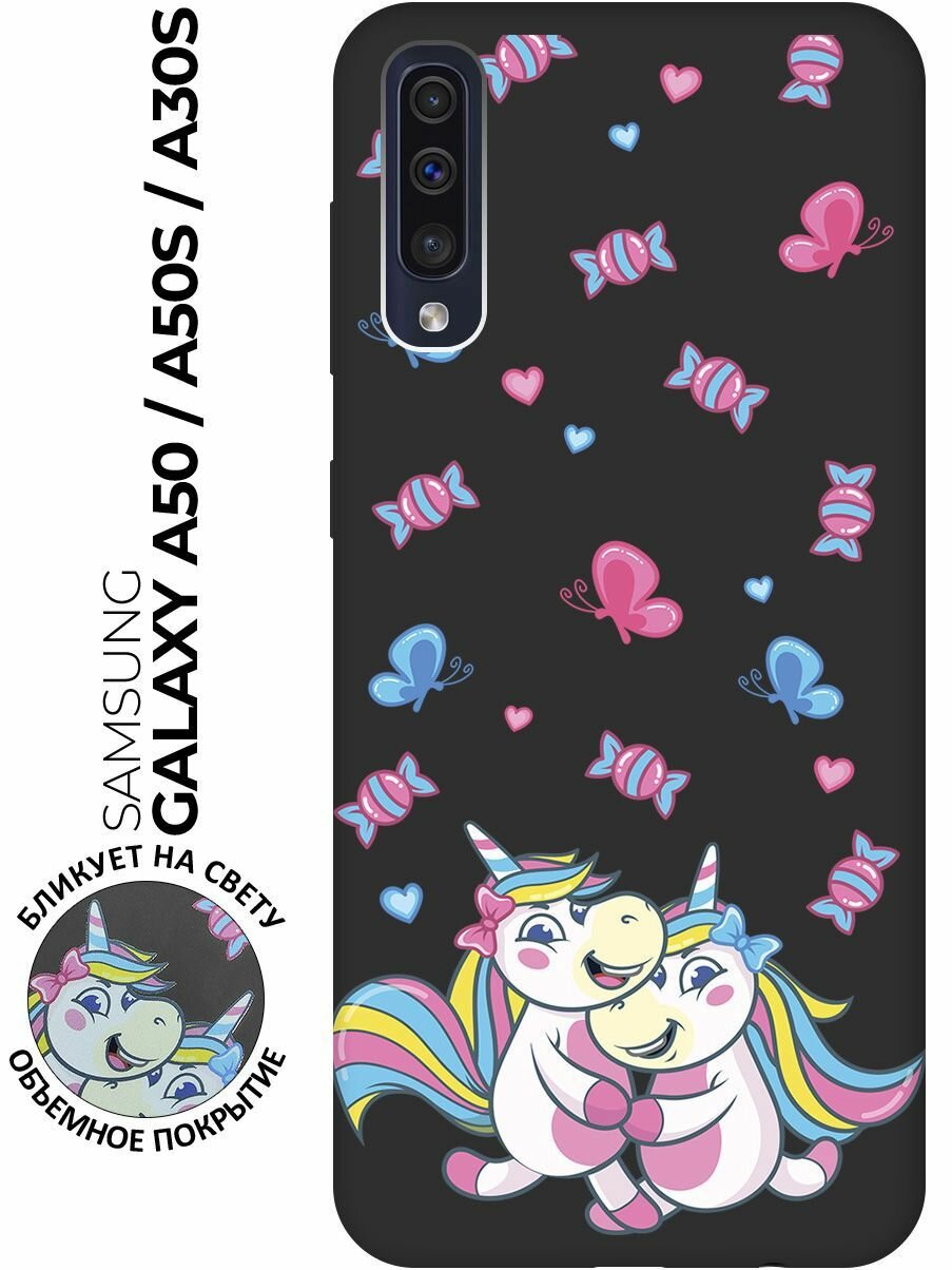 Матовый чехол Unicorns and Candies для Samsung Galaxy A50 / A50s / A30s / Самсунг А50 / А30с / А50с с 3D эффектом черный
