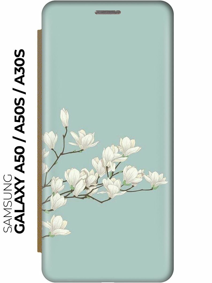 Чехол-книжка Сакура на голубом на Samsung Galaxy A50 / A50s / A30s / Самсунг А50 / А30с / А50с золотой