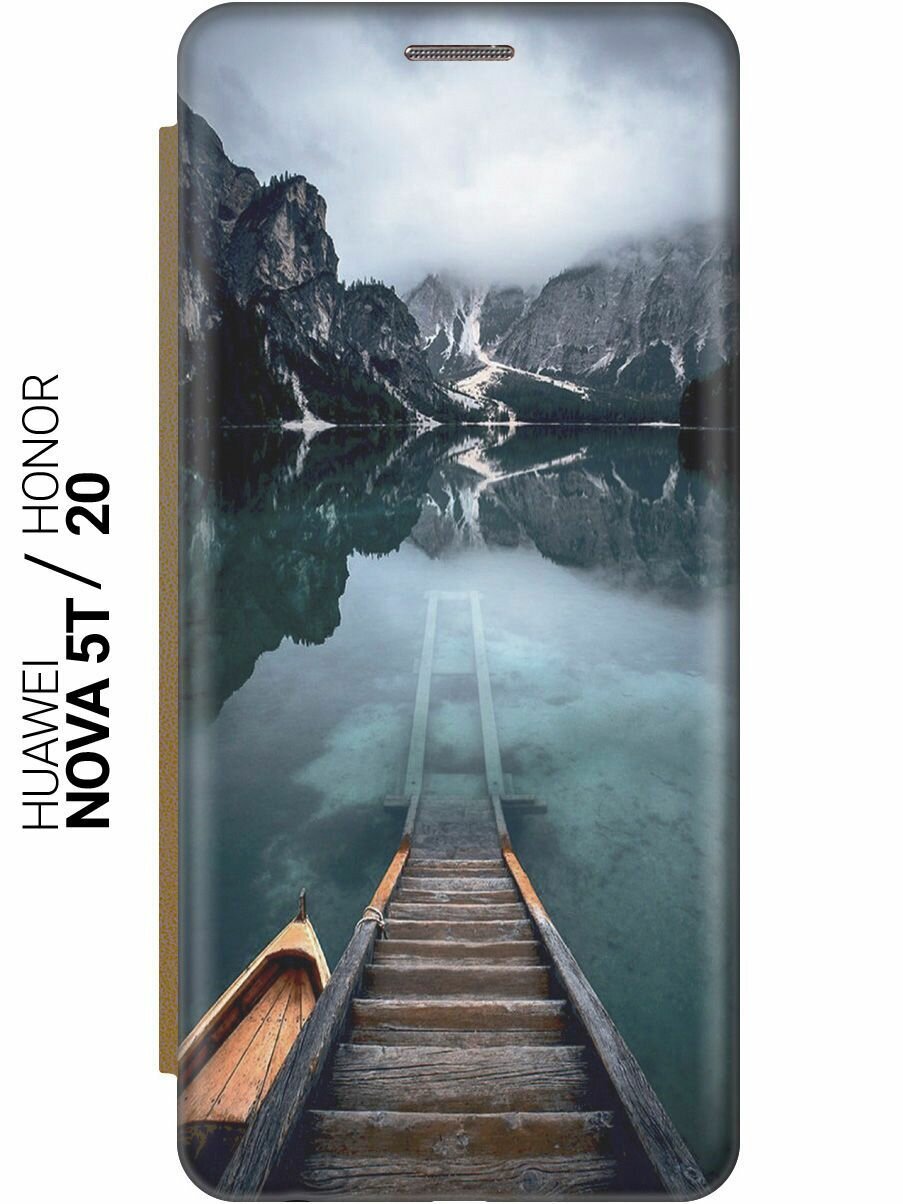 Чехол-книжка на Honor 20, Huawei Nova 5T, Хонор 20, Хуавей Нова 5Т c принтом "Горы, озеро, облака" золотистый