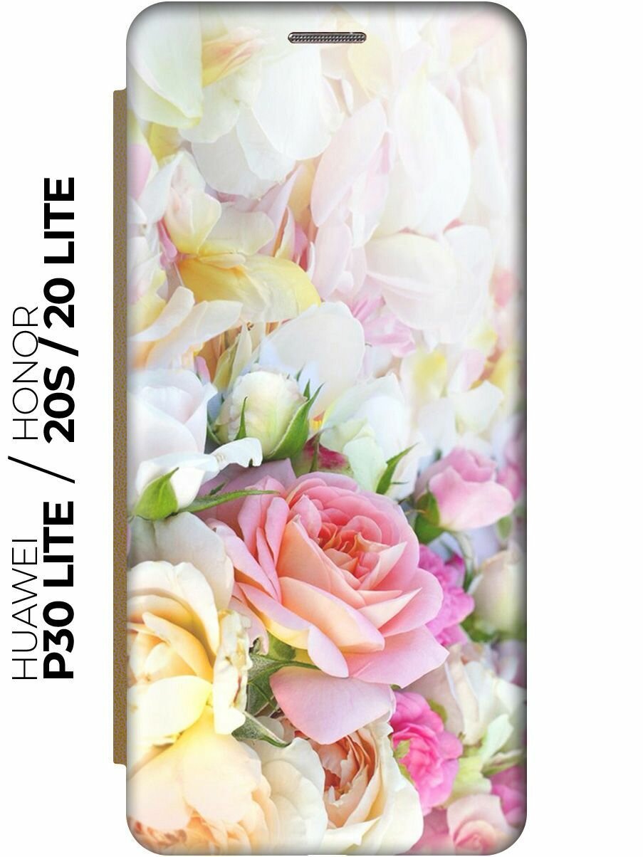 Чехол-книжка Нежные розы на Honor 20 Lite / 20s / Huawei P30 Lite / Хуавей П30 Лайт / Хонор 20 Лайт / 20s золотой