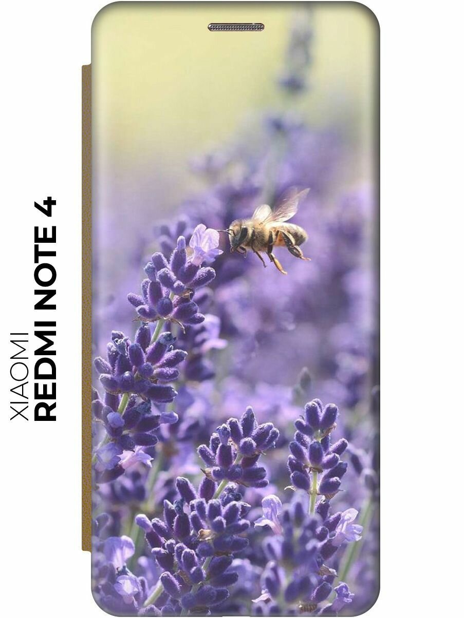 Чехол-книжка Пчела и цветок на Xiaomi Redmi Note 4 / Note 4X / Сяоми Редми Ноут 4 / Ноут 4Х золотой