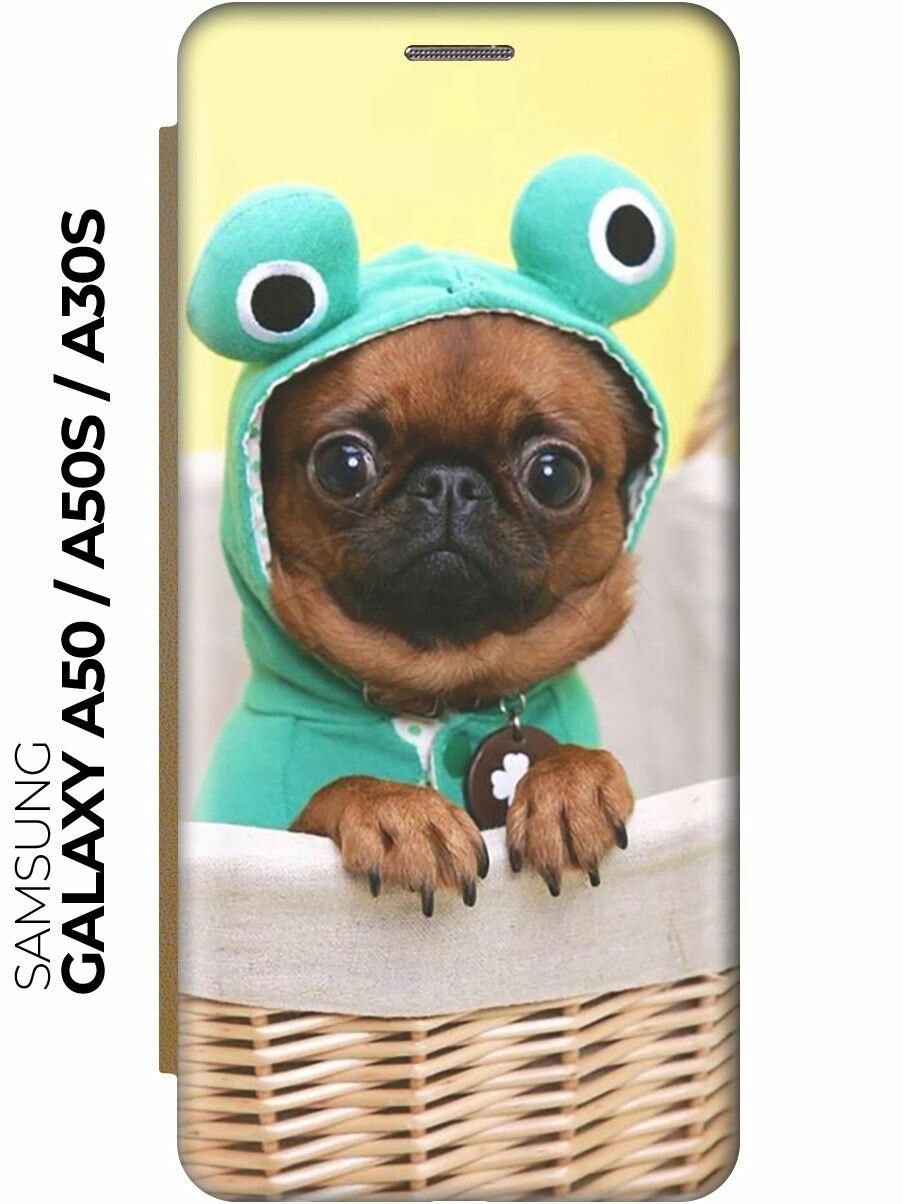 Чехол-книжка Собака в смешной шапке на Samsung Galaxy A50 / A50s / A30s / Самсунг А50 / А30с / А50с золотой