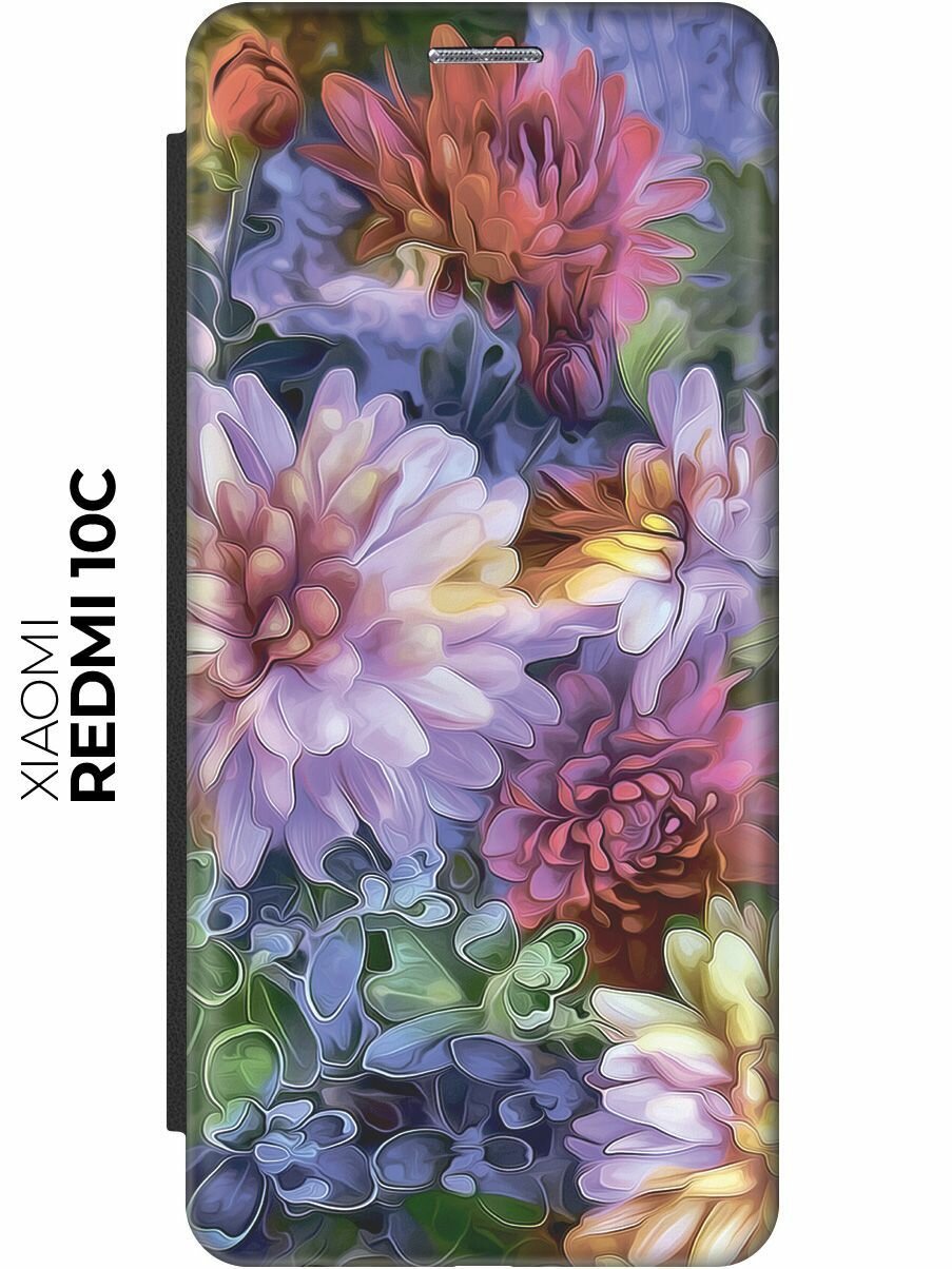 Чехол-книжка Цветные хризантемы на Xiaomi Redmi 10C / Сяоми Редми 10С черный