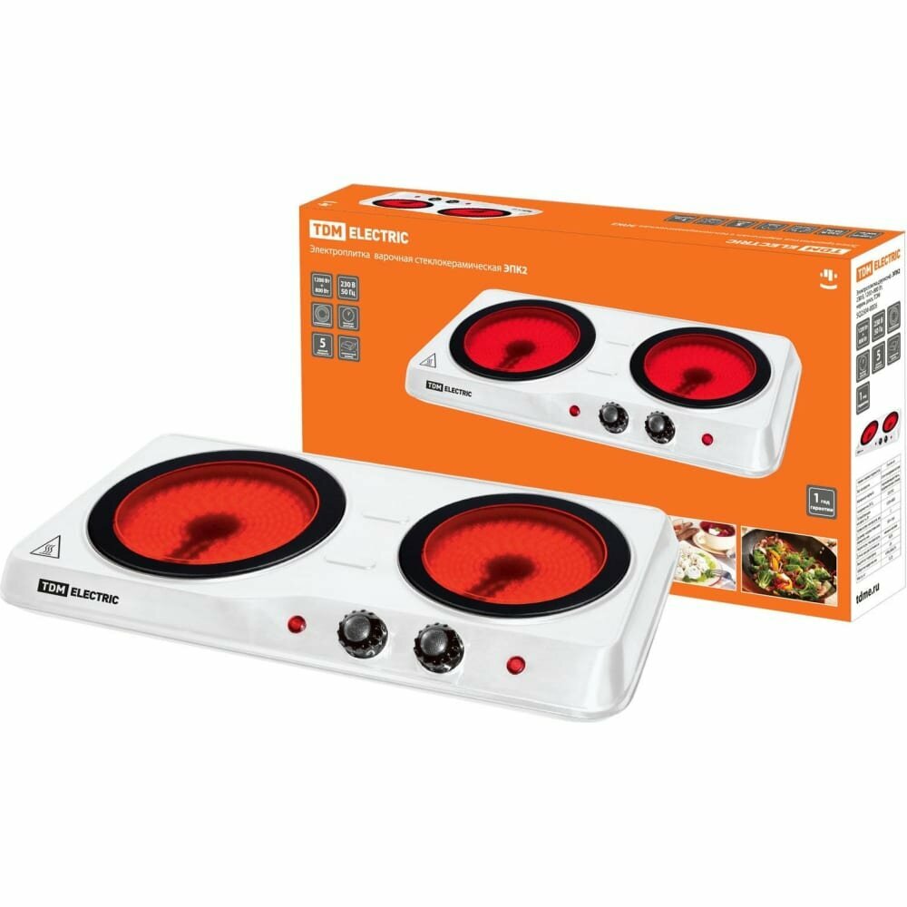 Двухконфорочная электроплитка TDM ЭПК2 230 В, 1200+800 Вт, керамический диск SQ2504-0006