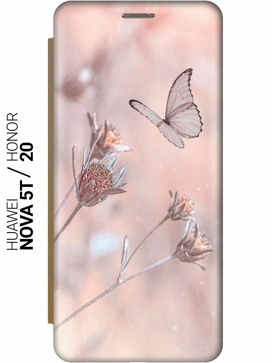 Чехол-книжка на Honor 20, Huawei Nova 5T, Хонор 20, Хуавей Нова 5Т c принтом "Бабочка" золотистый