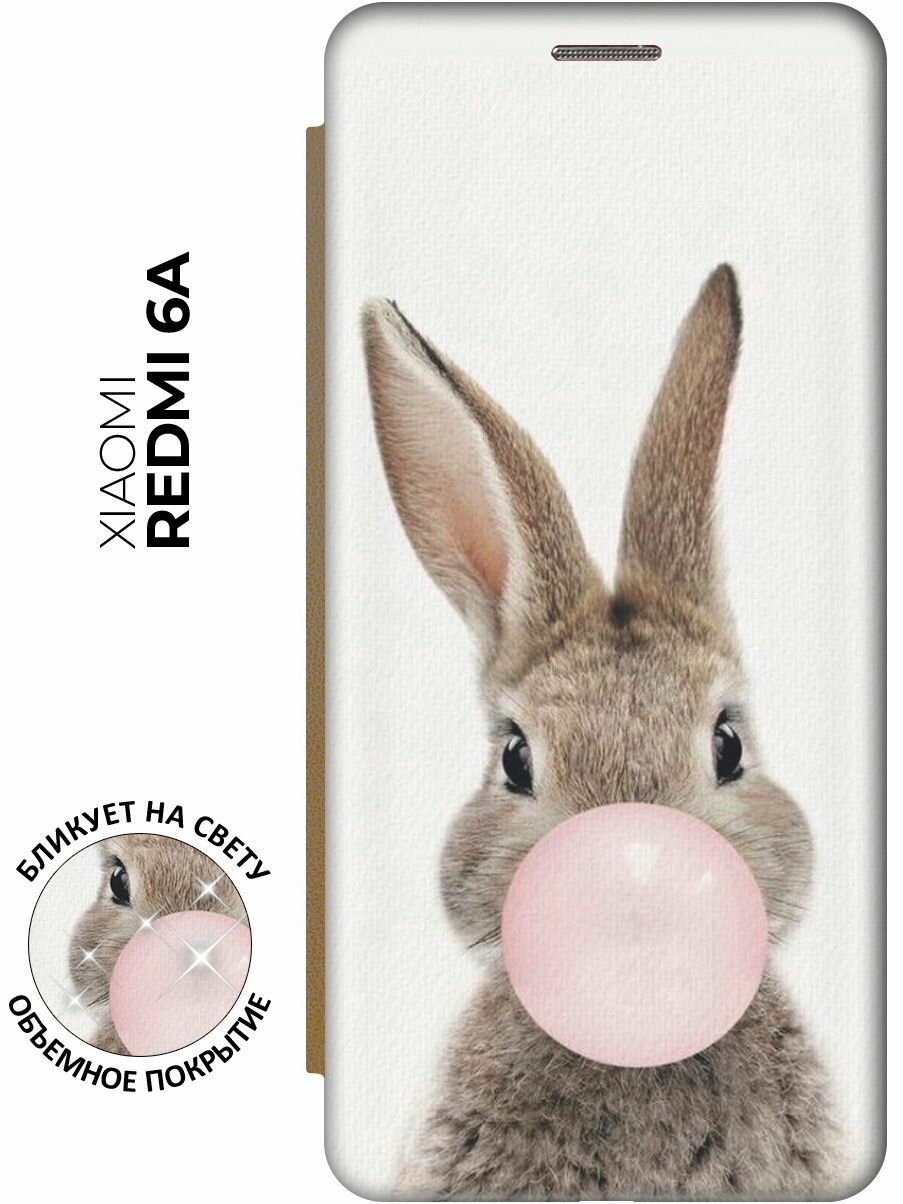 Чехол-книжка Заяц с жвачкой на Xiaomi Redmi 6A / Сяоми Редми 6А с эффектом блика золотой