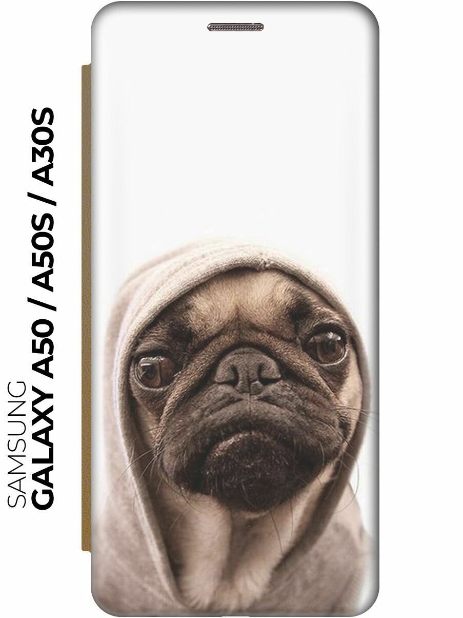 Чехол-книжка Мопс в капюшоне на Samsung Galaxy A50 / A50s / A30s / Самсунг А50 / А30с / А50с золотой