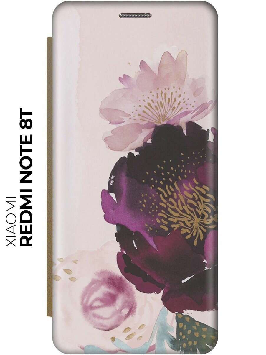 Чехол-книжка Цветы акварелью на Xiaomi Redmi Note 8T / Сяоми Редми Ноут 8Т золотой
