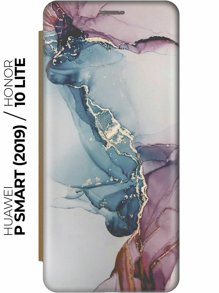Чехол-книжка Сине-розовый мрамор на Honor 10 Lite / Huawei P Smart (2019) / Хуавей П Смарт (2019) / Хонор 10 Лайт золотой