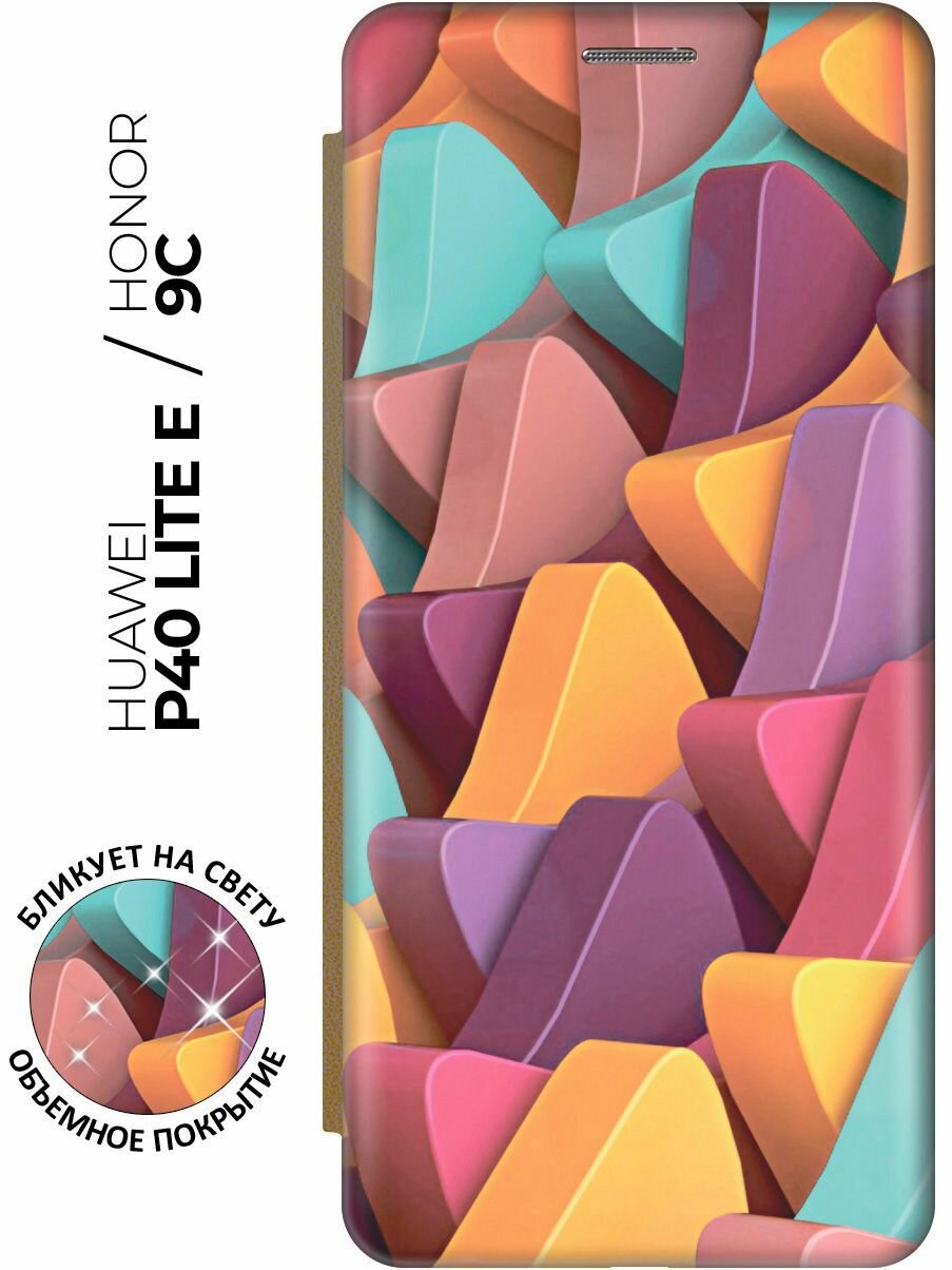 Чехол-книжка Желто-розовые фигуры на Honor 9C / Huawei P40 Lite E / Хуавей П40 Лайт Е / Хонор 9С с эффектом блика золотой