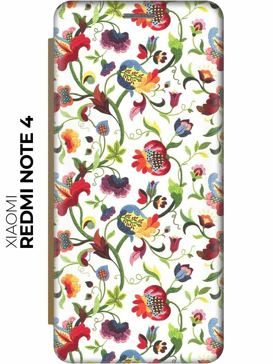 Чехол-книжка Цветочный узор на Xiaomi Redmi Note 4 / Note 4X / Сяоми Редми Ноут 4 / Ноут 4Х золотой