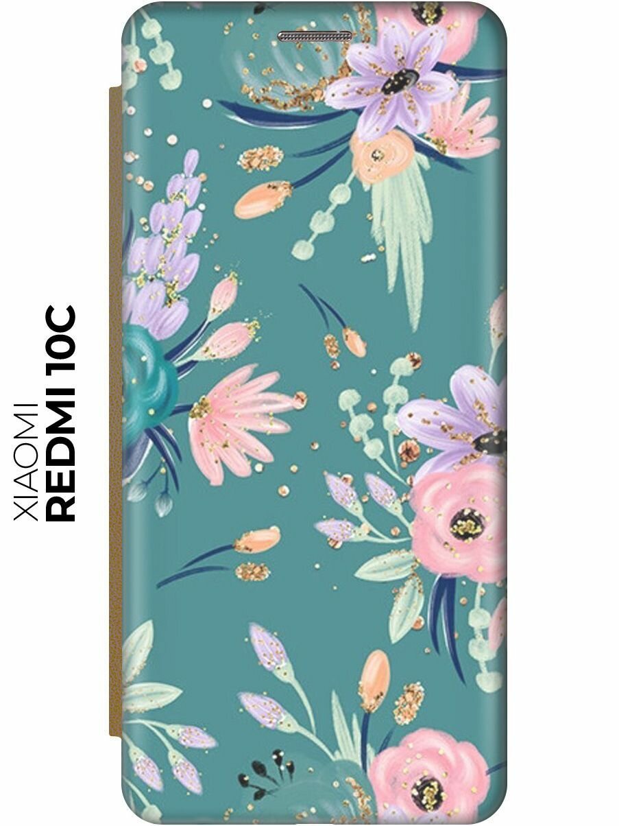 Чехол-книжка Цветы и золотые блестки на Xiaomi Redmi 10C / Сяоми Редми 10С золотой