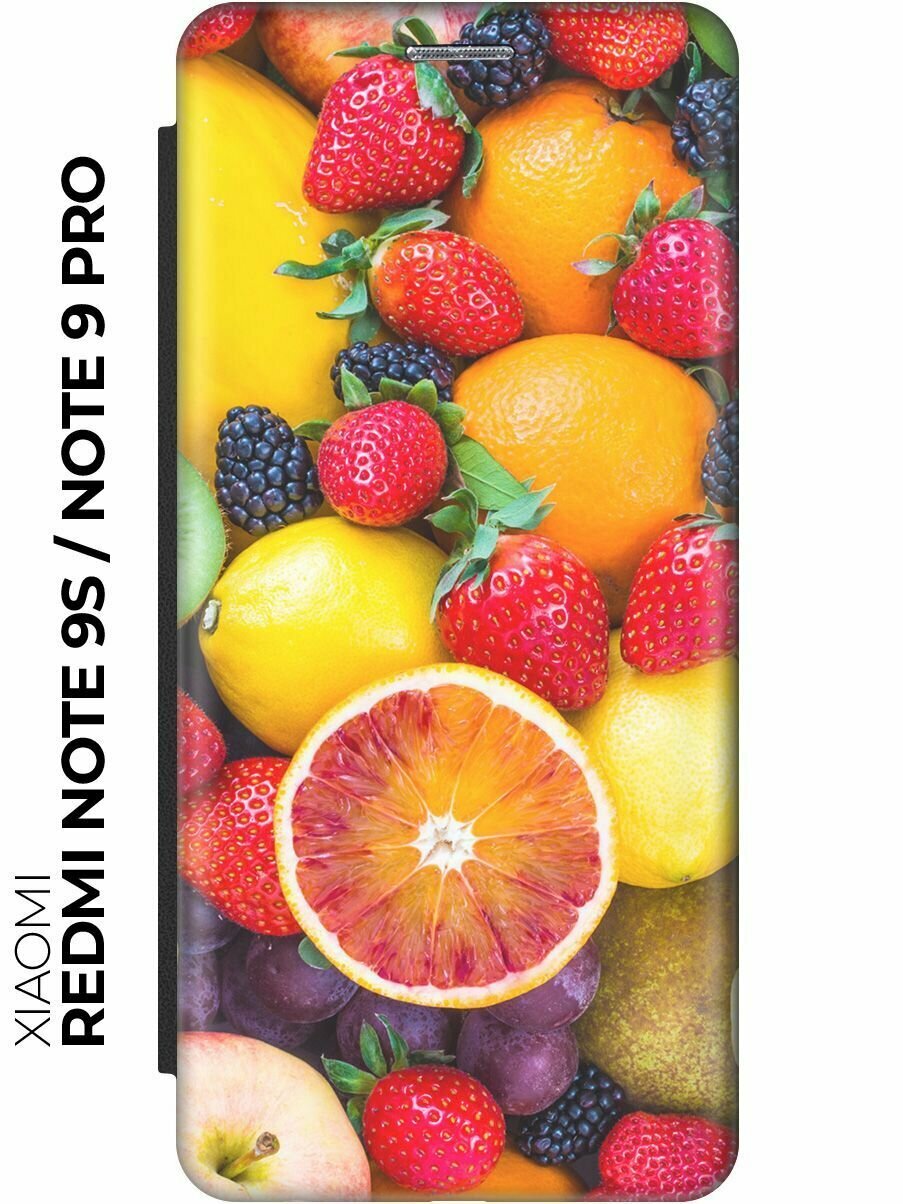 Чехол-книжка Сочные фрукты на Xiaomi Redmi Note 9s / Note 9 Pro / Сяоми Редми Ноут 9с / Ноут 9 Про черный