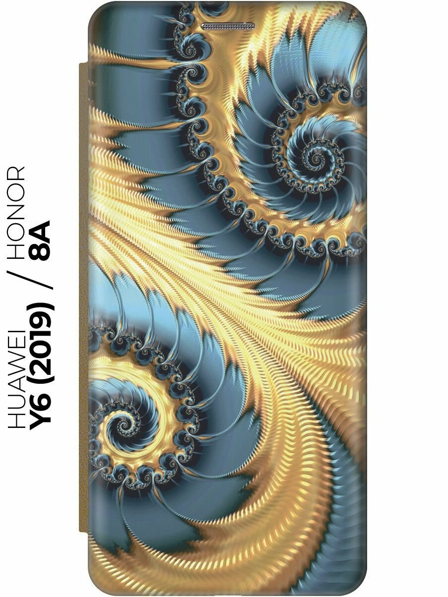 Чехол-книжка Сине-золотые узоры на Honor 8A / 8A Pro / Huawei Y6 (2019) / Y6 Prime (2019) / Хонор 8а / 8а Про / Хуавей У6 2019 / У6 Прайм 2019 золотой