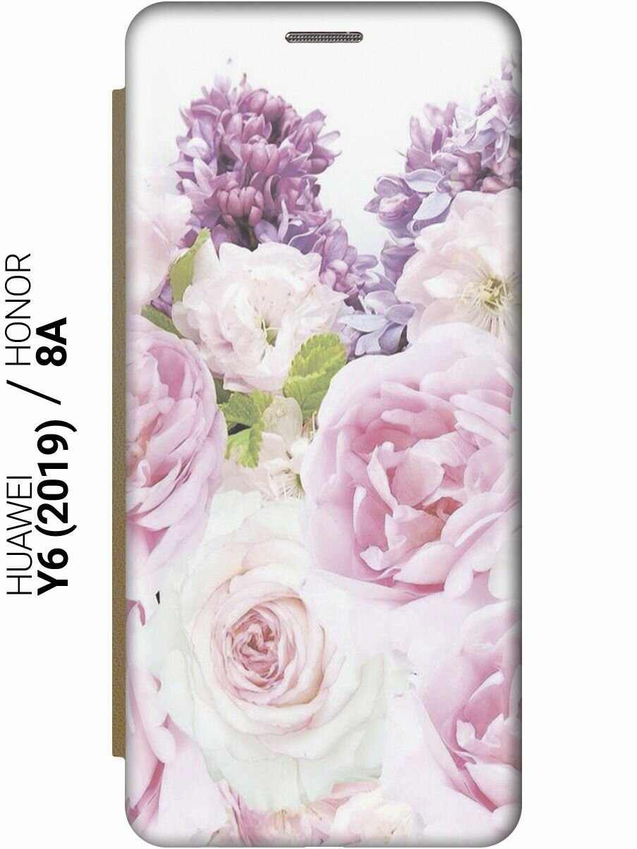 Чехол-книжка на Honor 8A, 8A Pro, Huawei Y6 (2019), Y6 Prime (2019), Хуавей Хонор 8а c принтом "Розовый букет" золотистый