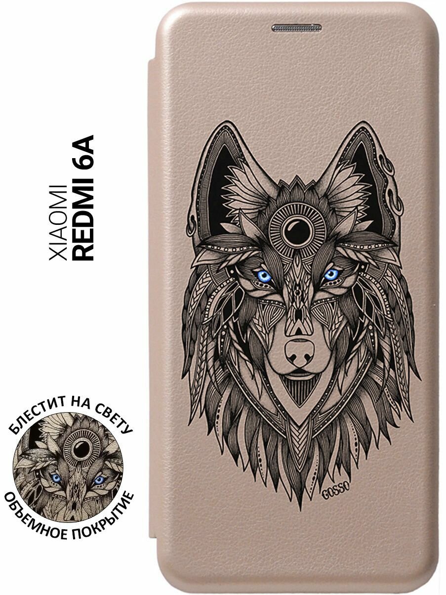 Чехол-книжка на Xiaomi Redmi 6A, Сяоми Редми 6А с 3D принтом "Grand Wolf" золотистый