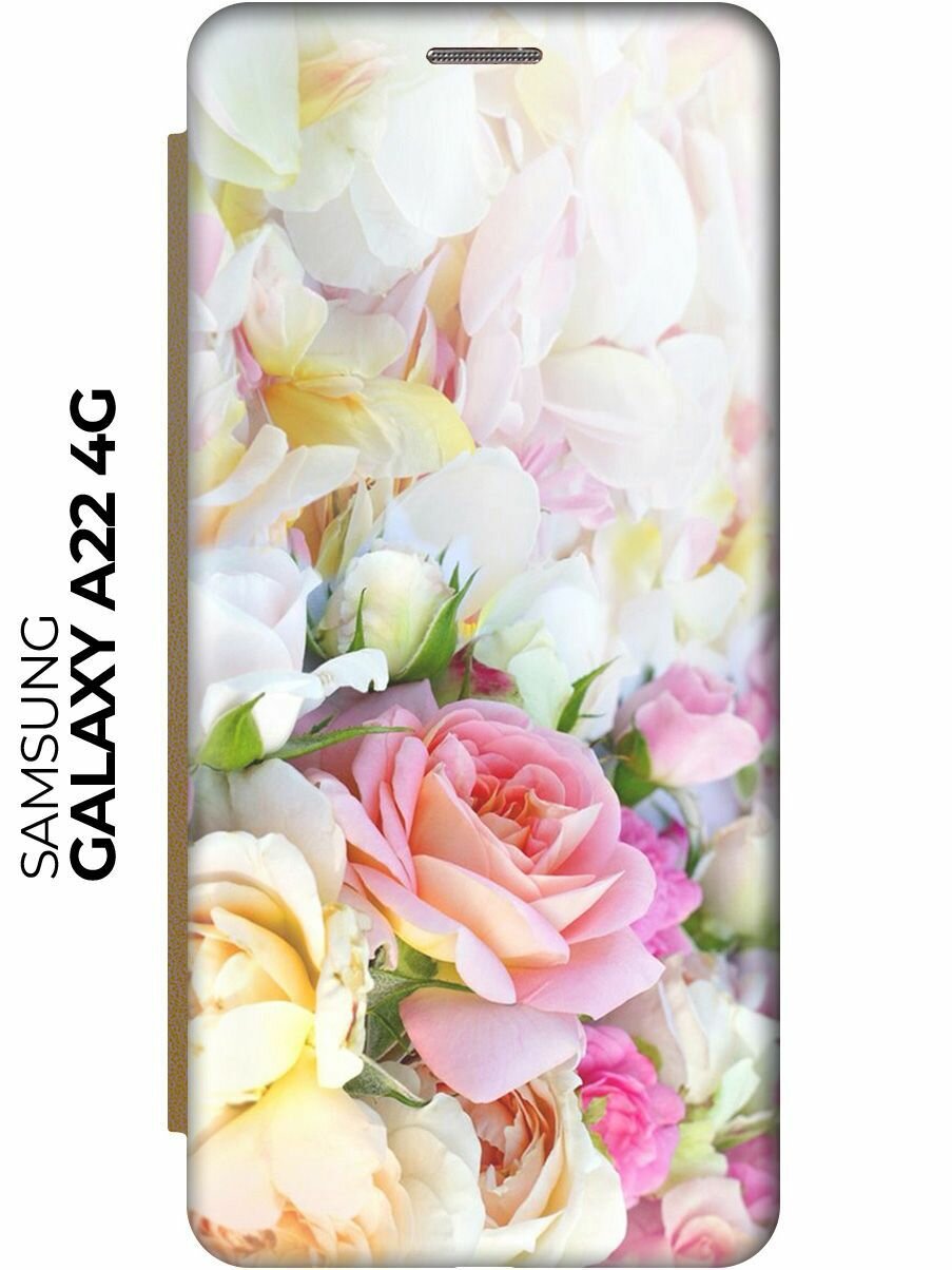 Чехол-книжка Нежные розы на Samsung Galaxy A22 / M32 / M22 / Самсунг А22 / М32 / М22 золотой