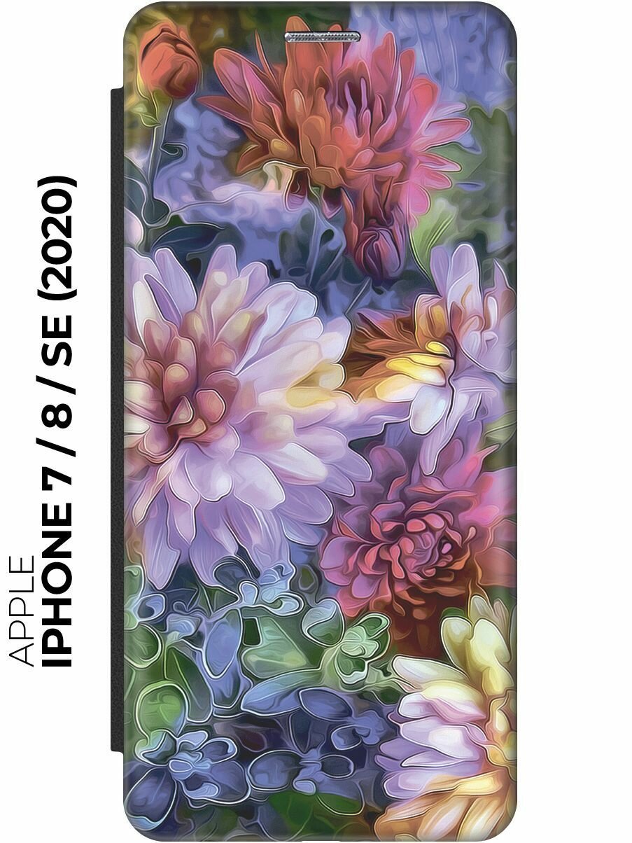 Чехол-книжка на Apple iPhone SE (2022) / SE (2020) / 8 / 7 / Эпл Айфон СЕ 2022 / СЕ 2020 / 8 / 7 с рисунком "Цветные хризантемы" черный