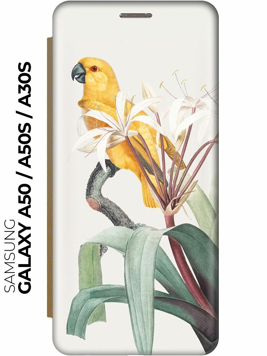 Чехол-книжка Желтый попугай на Samsung Galaxy A50 / A50s / A30s / Самсунг А50 / А30с / А50с золотой