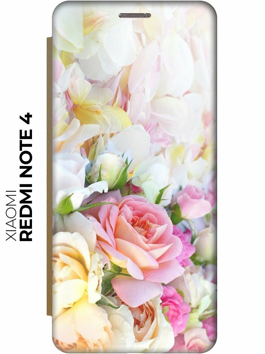Чехол-книжка Нежные розы на Xiaomi Redmi Note 4 / Note 4X / Сяоми Редми Ноут 4 / Ноут 4Х золотой