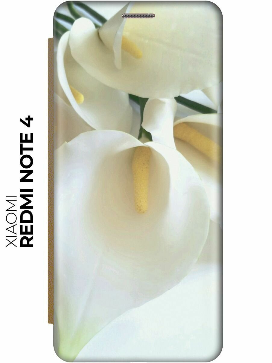 Чехол-книжка Белые каллы на Xiaomi Redmi Note 4 / Note 4X / Сяоми Редми Ноут 4 / Ноут 4Х золотой