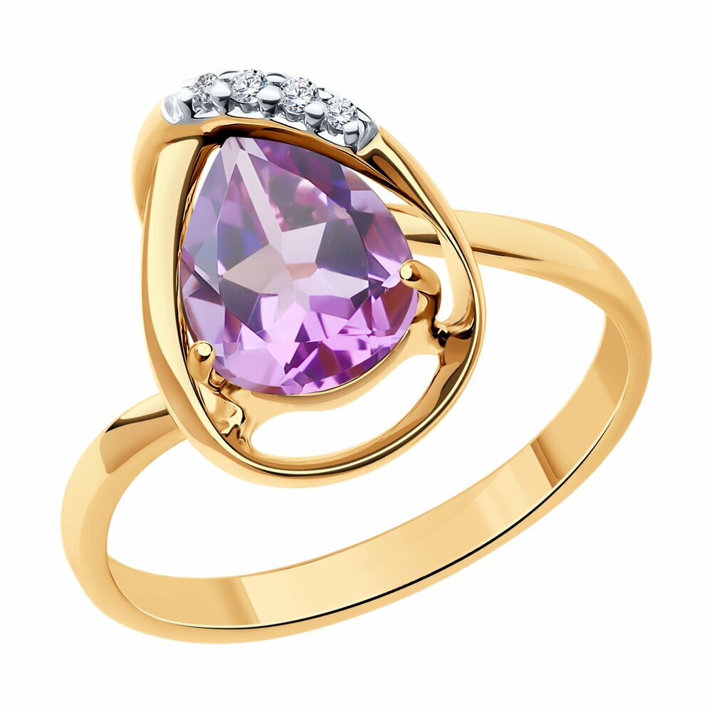 Кольцо, серебро, 925 проба, золочение, фианит, аметист