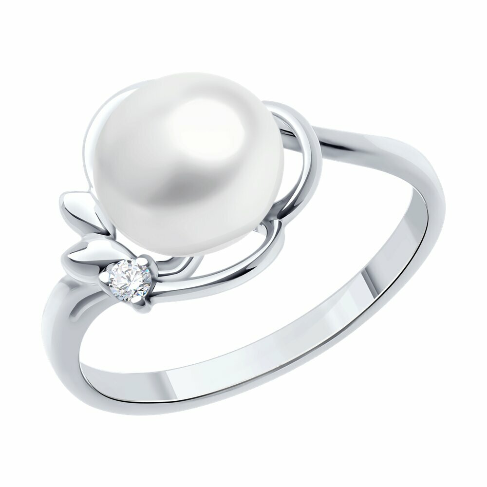 Кольцо, серебро, 925 проба, родирование, жемчуг пресноводный культивированный, фианит
