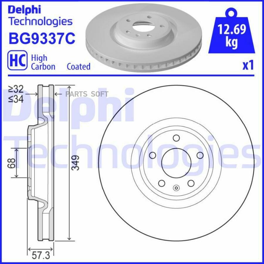 Тормозной диск A4 Allroad Quattro, A4 Quattro, A5 Quattro, A5 Sportback Quattro, A6, A6 Allroad Quattro, A Delphi арт. BG9337C