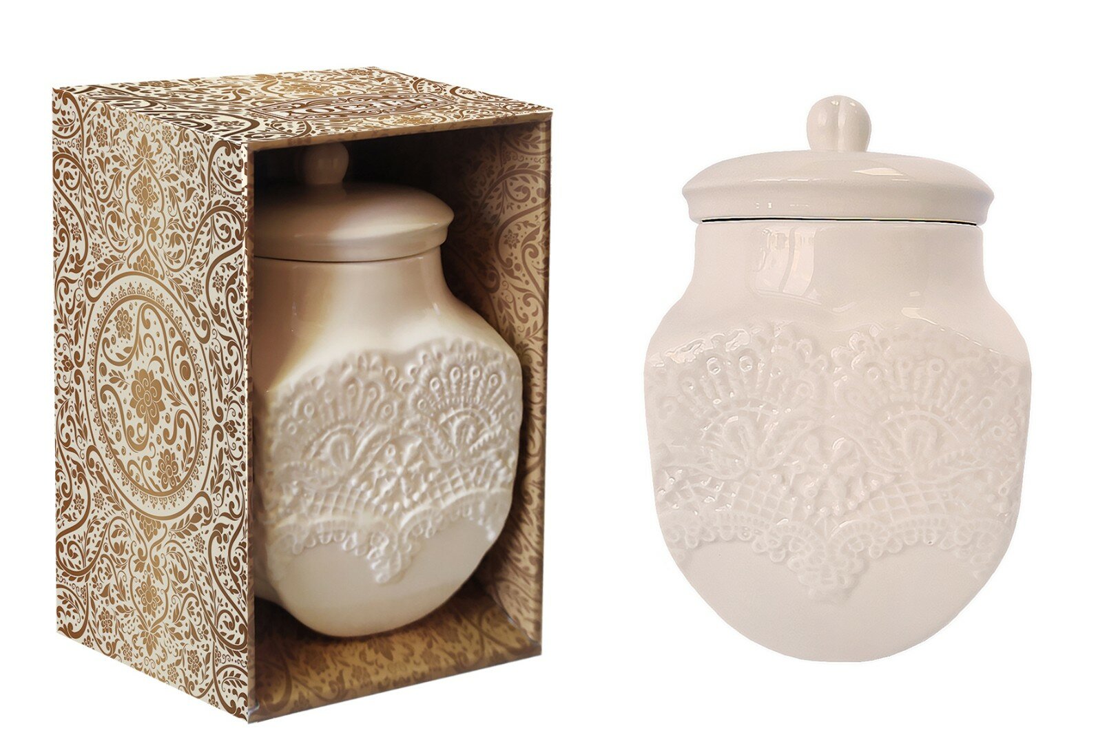 Чайница Get&Joy "Кружево", керамика, белая, герметичная крышка, 850мл