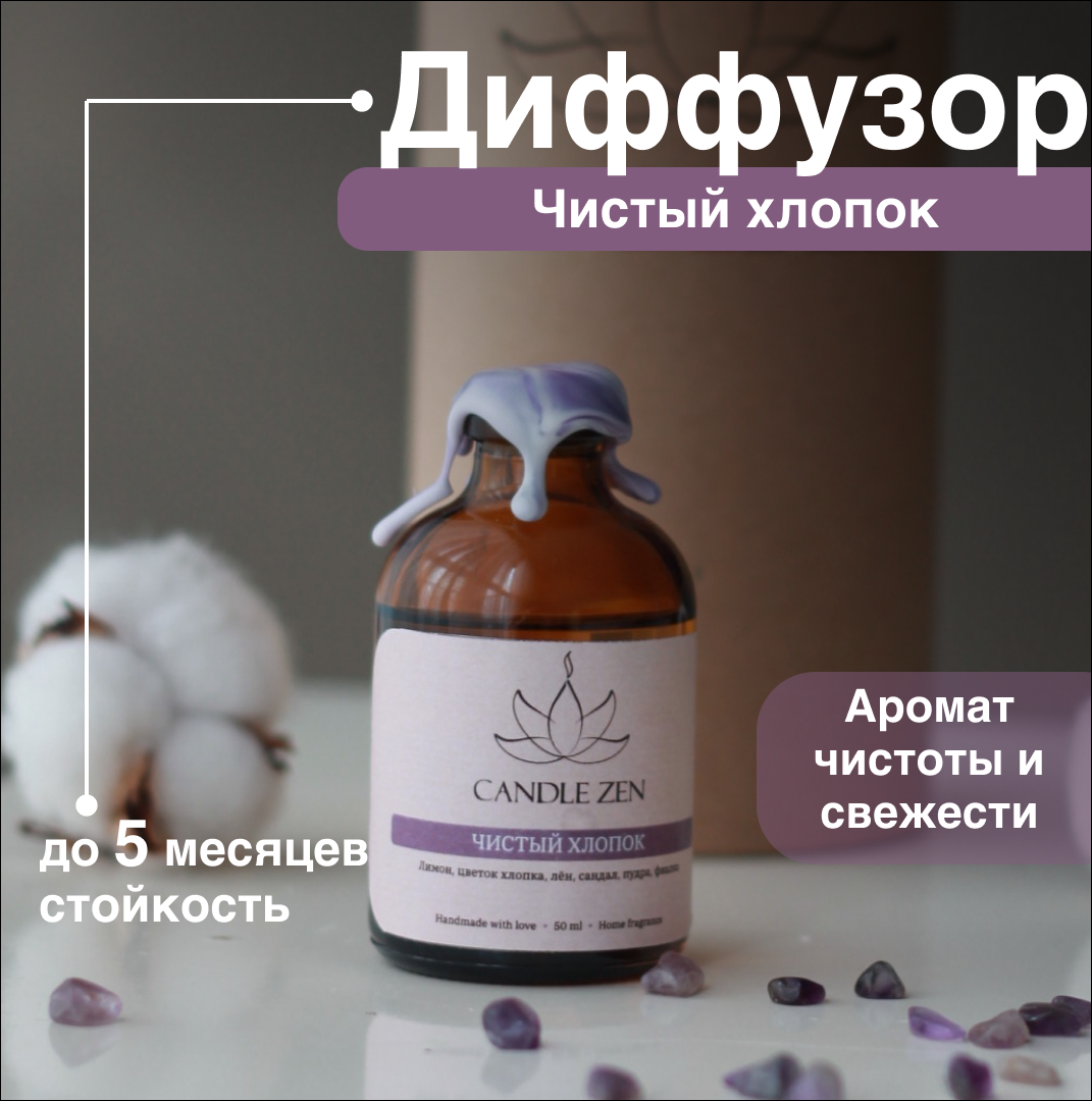 Ароматический диффузор для дома, 50 мл, Чистый хлопок, черные фибровые палочки 5 шт, Candle Zen