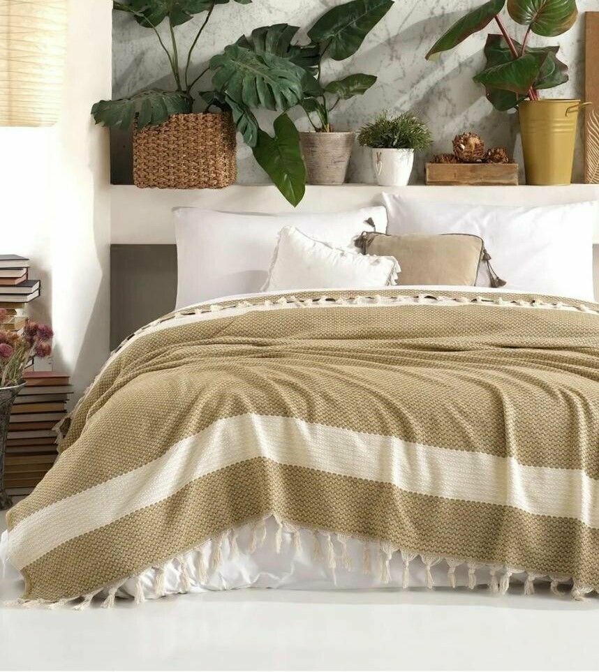 Плед Евро DIVA Tex ALISA, хлопок, 200x220 см, бахрома, горчичного цвета