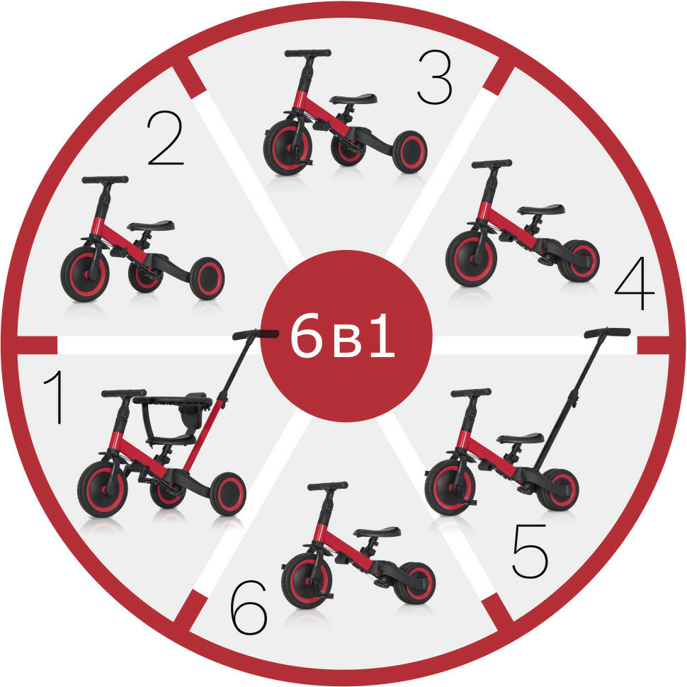 Детский беговел-велосипед 6в1 с родительской ручкой, красный - TR008-RED