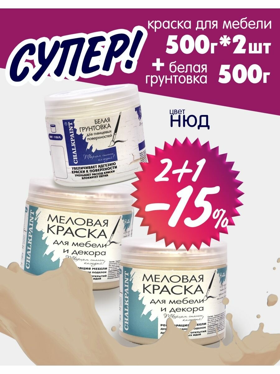 Краска Chalky Paint меловая для мебели 2х500 г, нюд + грунт 500 г
