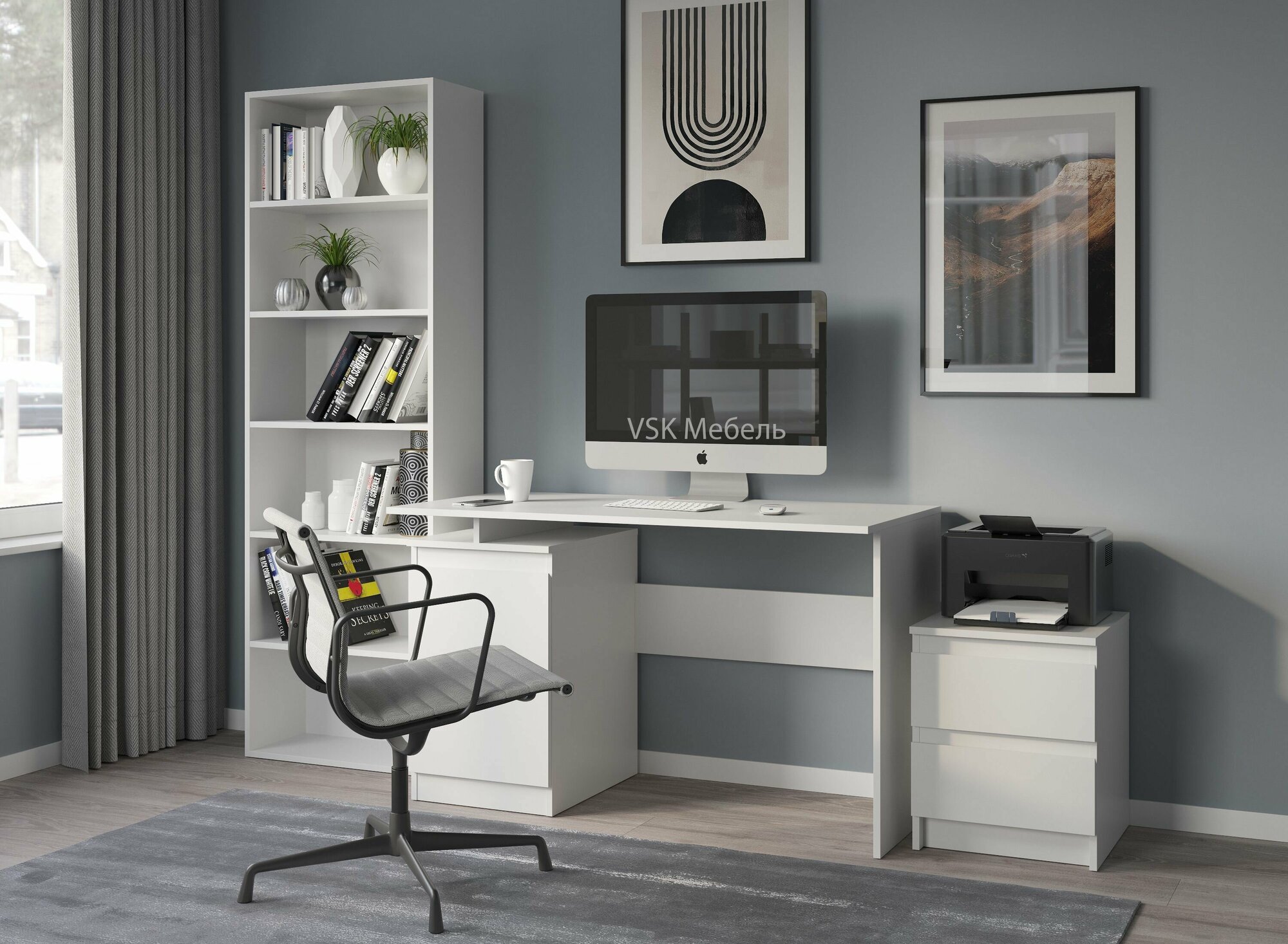 Мебель для рабочего места (стол компьютерный, стеллаж, тумба) STERN, Белый, (ШхВхГ) 200,2х181х590 см