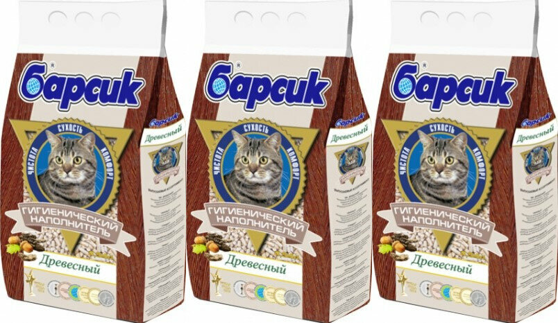 Барсик Натуральный Наполнитель древесный 4,54л,3 шт