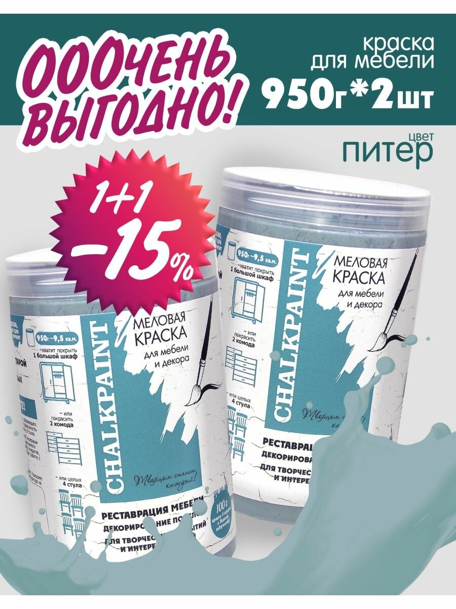 Краска меловая для мебели Chalky Paint, питер, 950 г, набор 2 шт