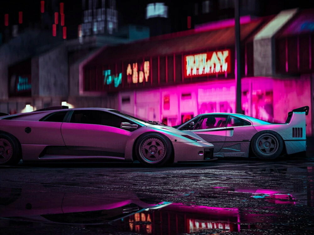 Плакат, постер Synthwave Car, Синтвейв машина на бумаге, размер 30х42см