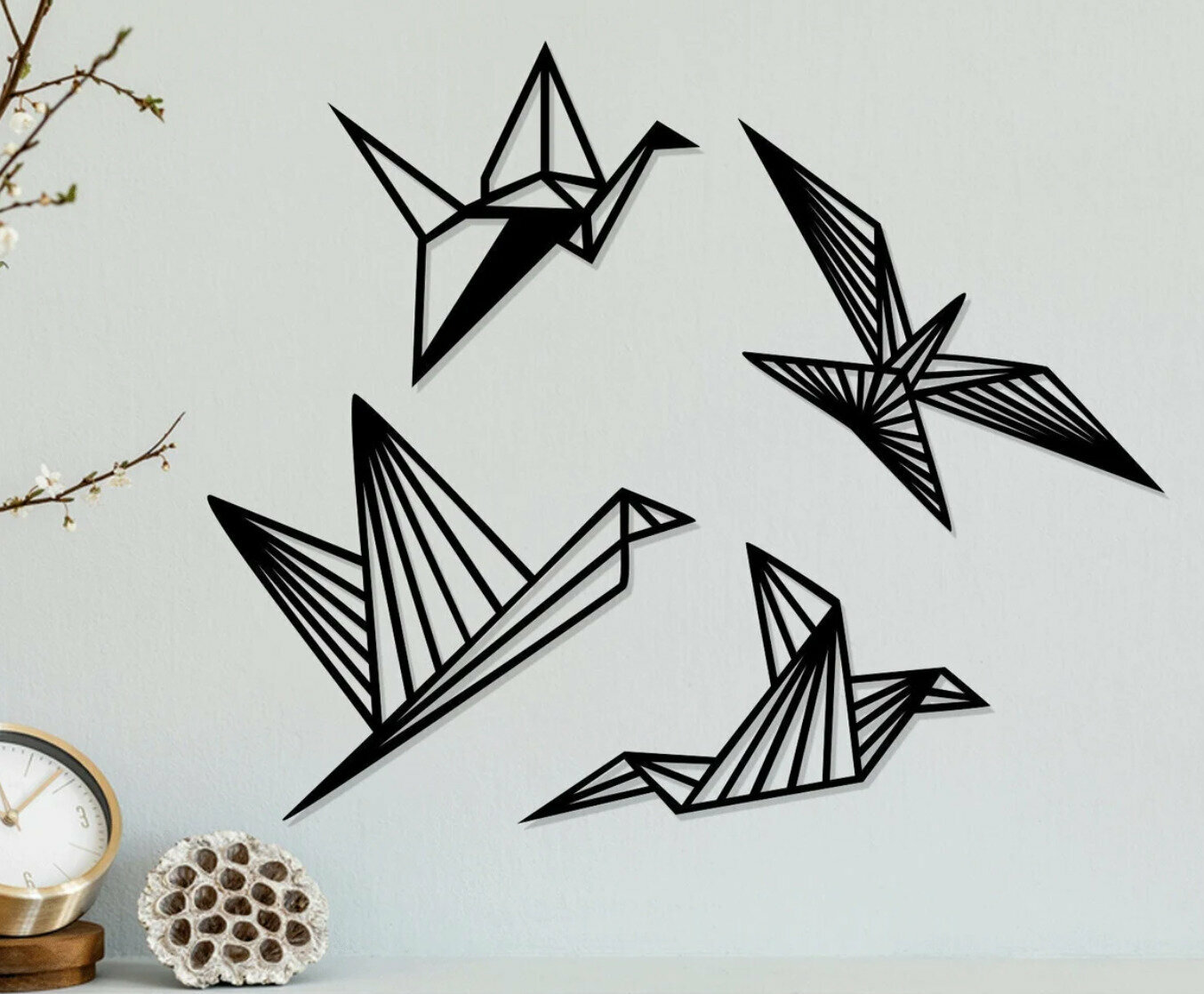 Панно "Птички Оригами" декоративное настенное чёрное, декор на стену, картина