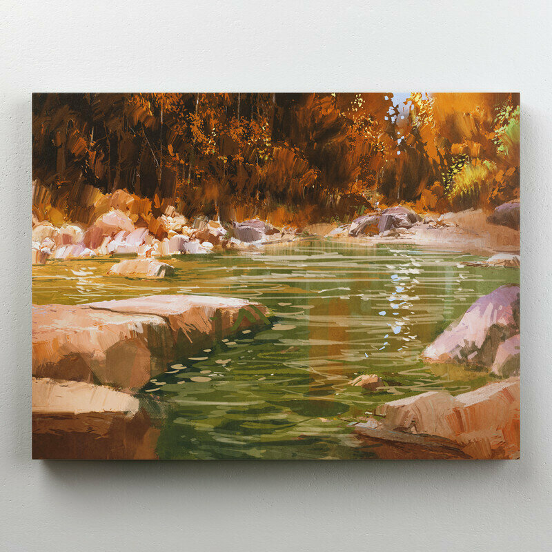 Интерьерная картина на холсте "Живопись - осенний берег реки" размер 30x22 см