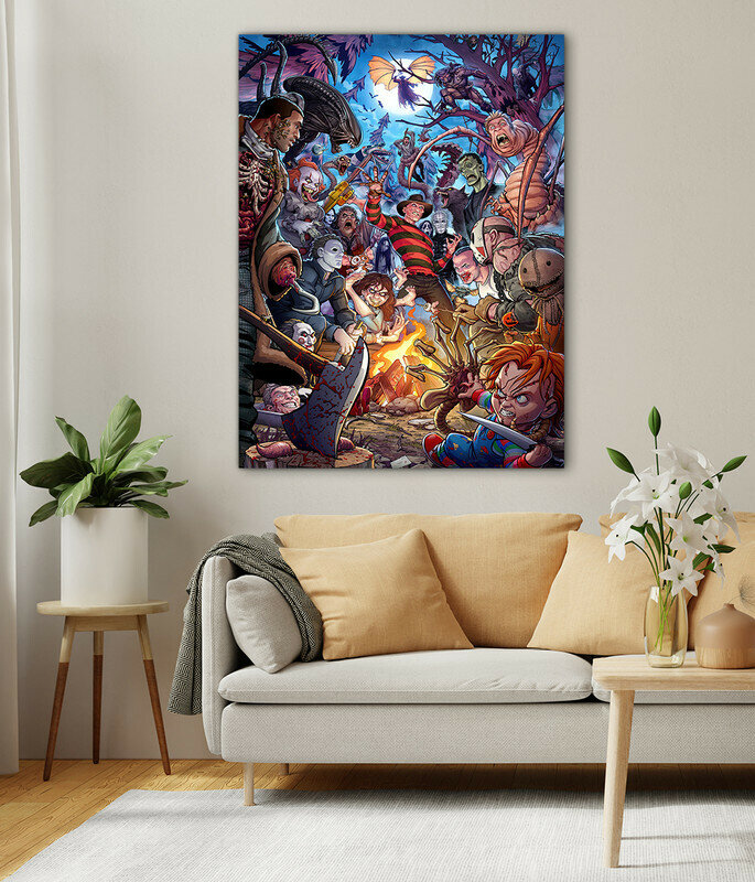 Интерьерная картина на холсте "Ужасное месиво у костра - Комиксные герои ужасов" размер 22x30 см