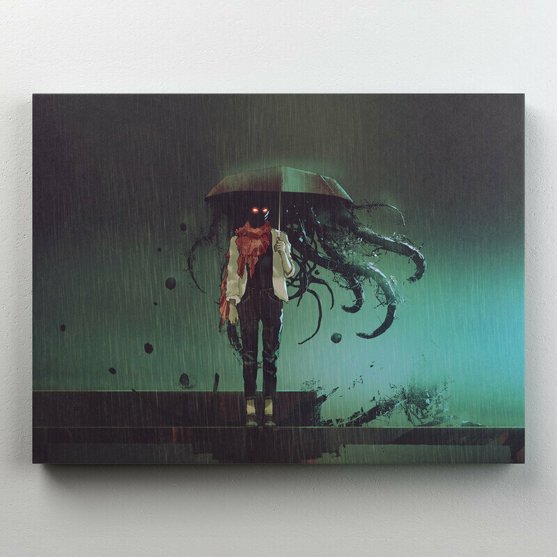 Интерьерная картина на холсте "Девушка с красными глазами под зонтиком" размер 60x45 см