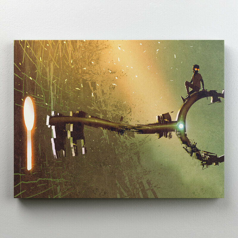 Интерьерная картина на холсте "Стимпанк - мальчик на большом ключе" размер 30x22 см