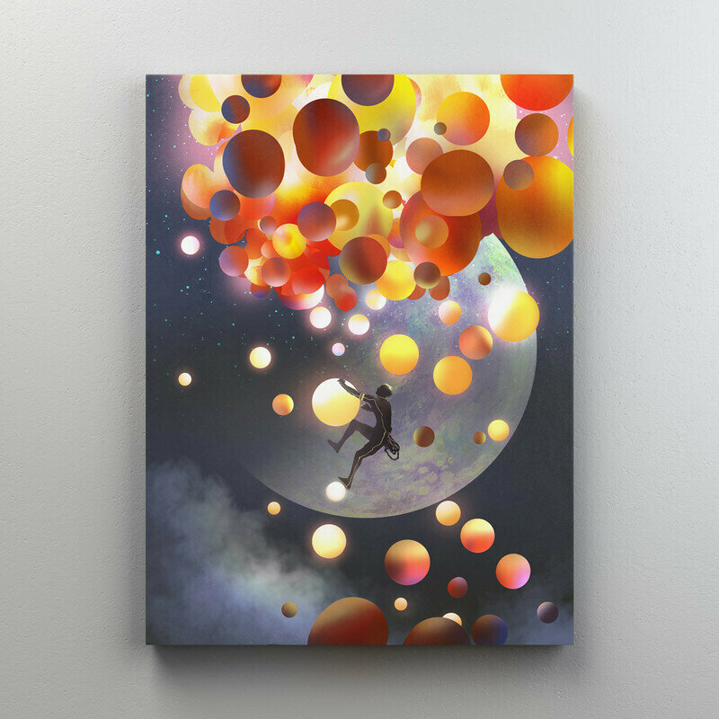 Интерьерная картина на холсте "Абстракция - человек карабкается по пузырям" размер 30x40 см